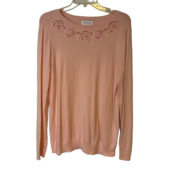 Elle | Sweaters | Elle Sweater Pink Embroidered Floral Neckline Womens ...
